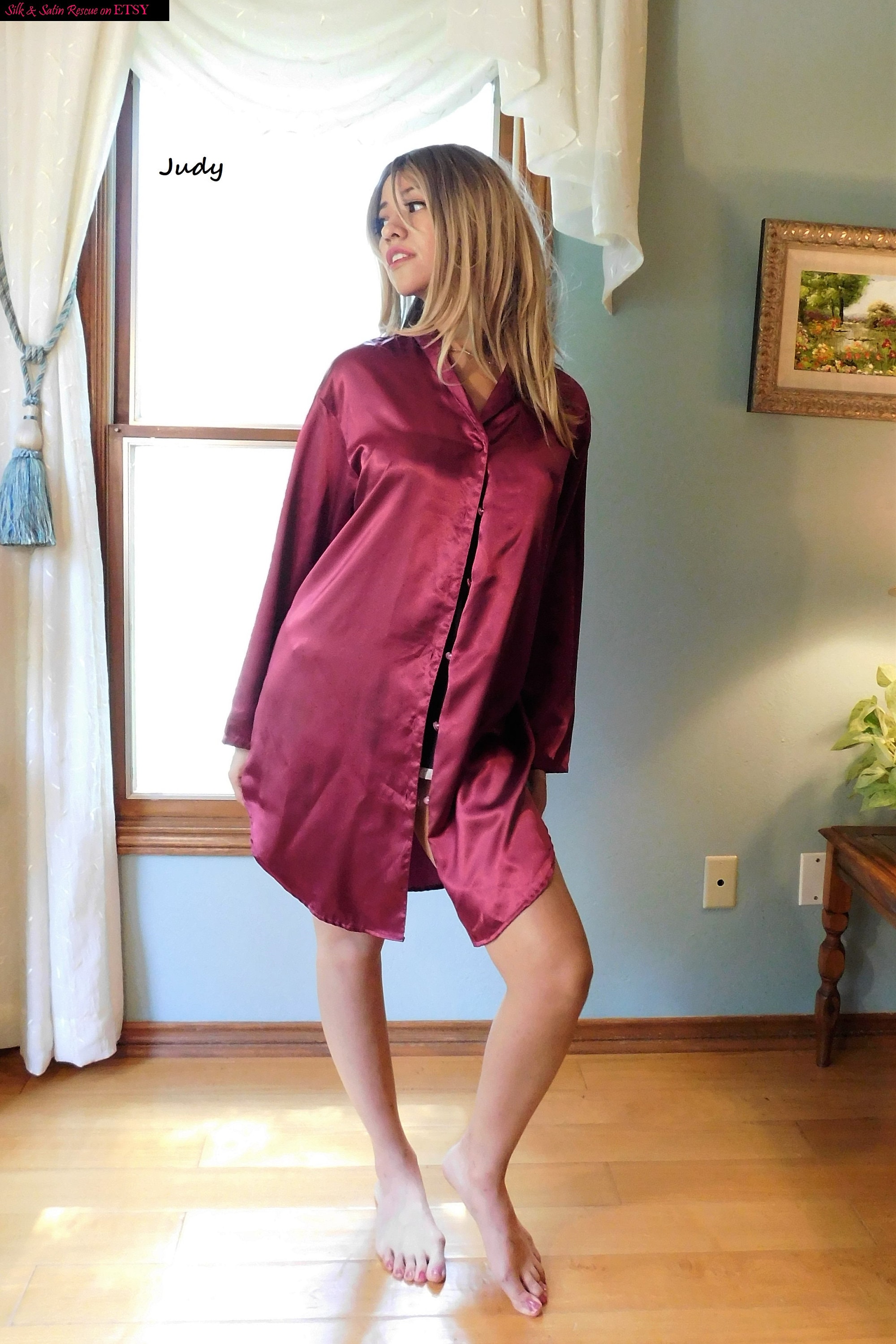 BURGUNDY Red SATIN NIGHTSHIRT Night Shirt Sleepwear Honors Intimates 80 ...