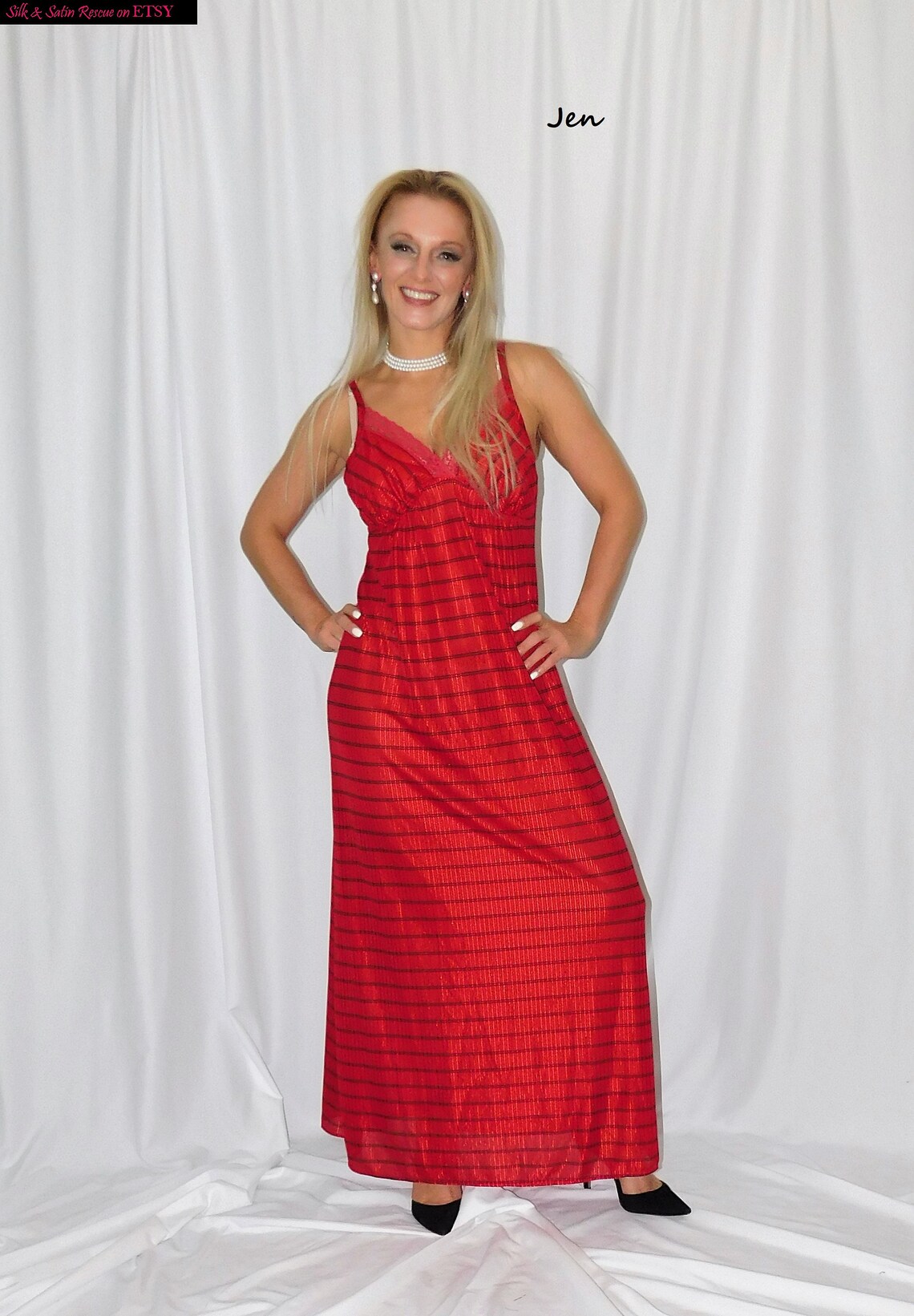 RED and Black Pin Striped Long HOLIDAY NIGHTGOWN Nightdress Gown ...