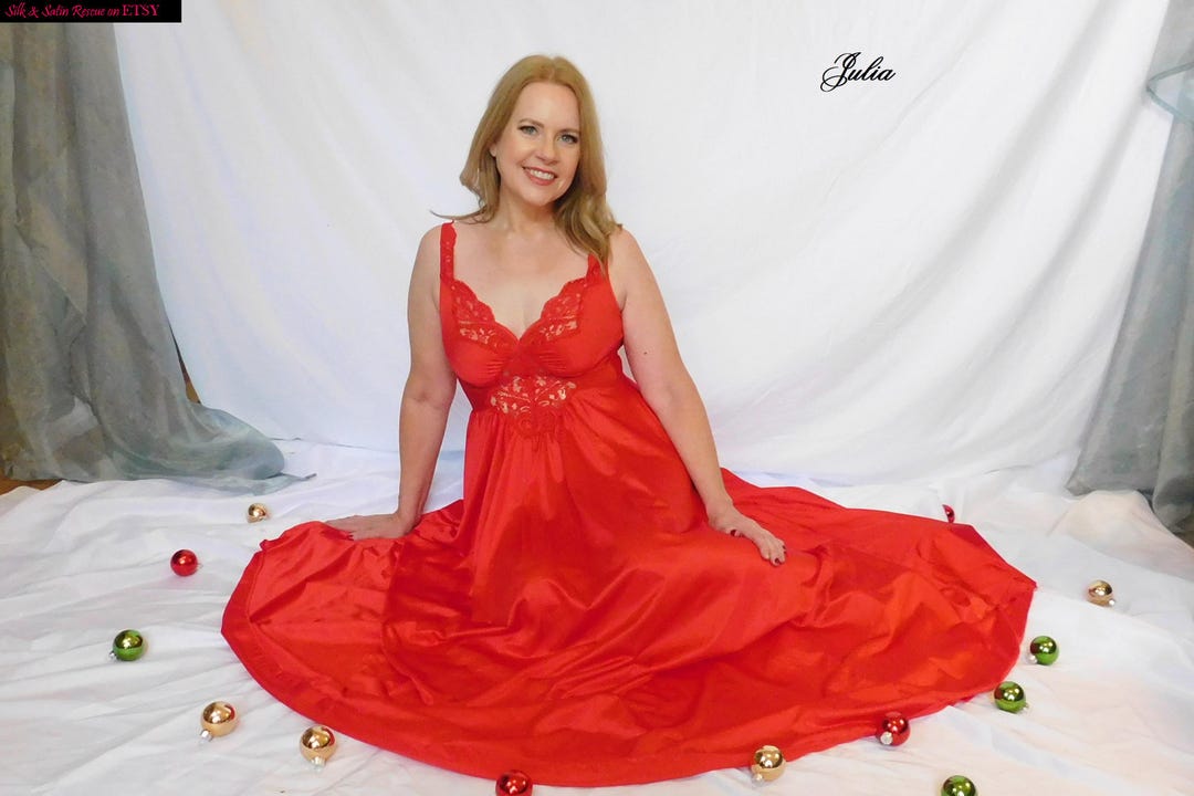 RED NYLON and Spandex and Lace Long Full Sweep NIGHTGOWN Negligee Night Dress Gown Vandemere ...