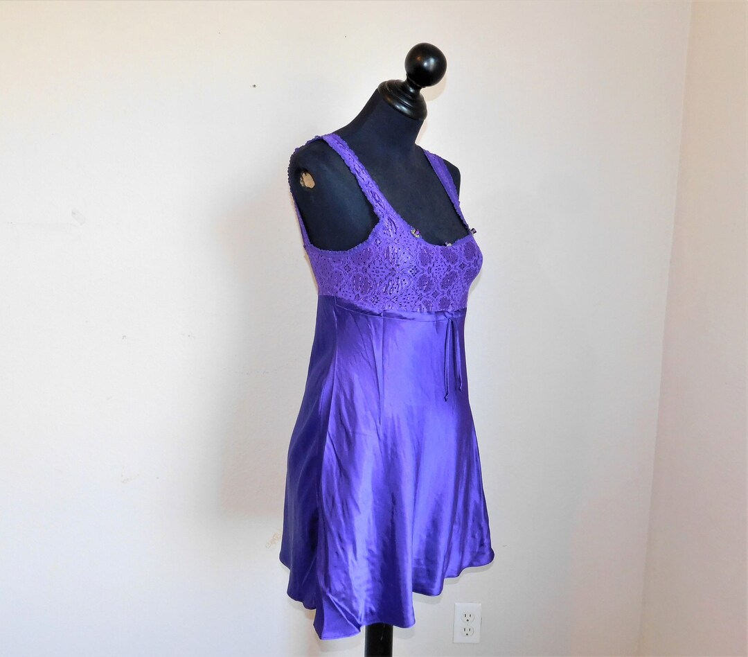PURPLE SATIN and Stretch Lace NIGHTIE Nighty Short Nightgown Chemise ...