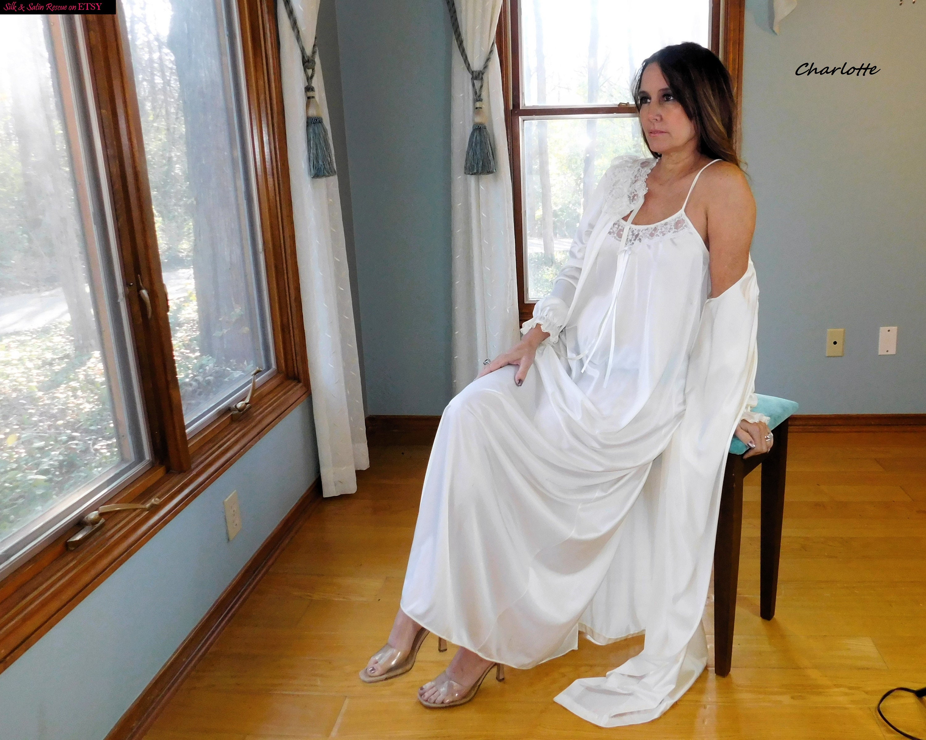 Bridal off WHITE Nylon and Lace PEIGNOIR Nightgown and Robe Dressing ...