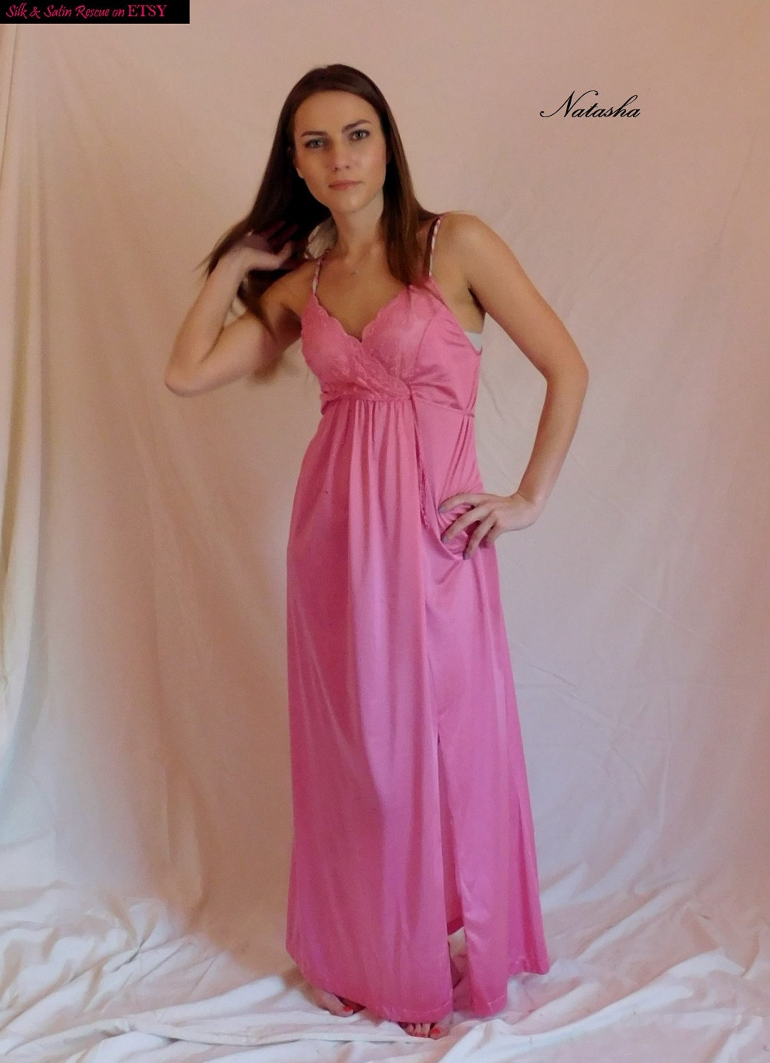 PINK Princess NYLON and Lace NEGLIGEE Nightgown Nightdress Gilead Long ...