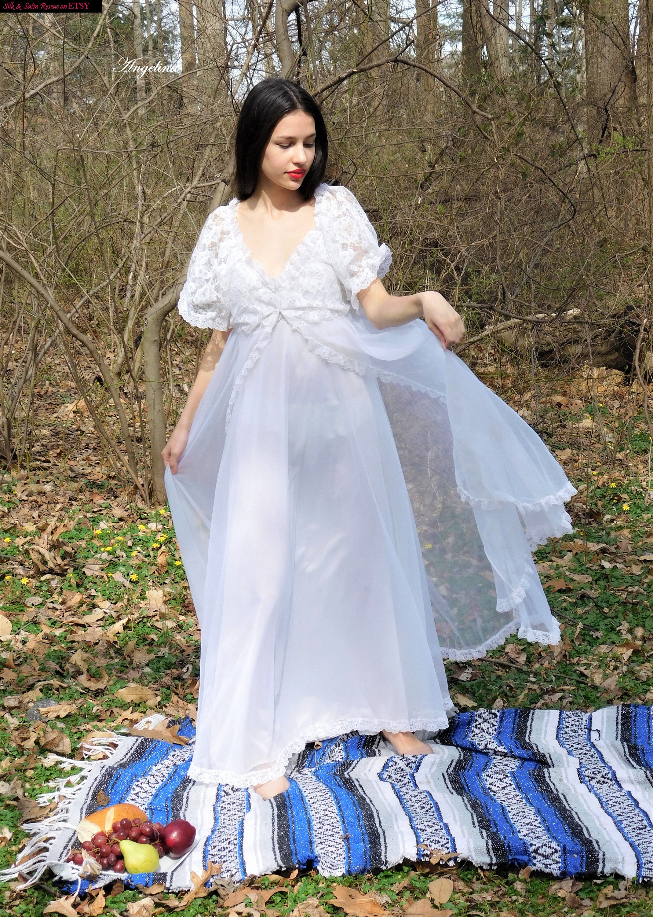 Tosca Bridal White Sheer Nylon And Lace Peignoir Set Robe And Nightgown Honeymoon Negligee