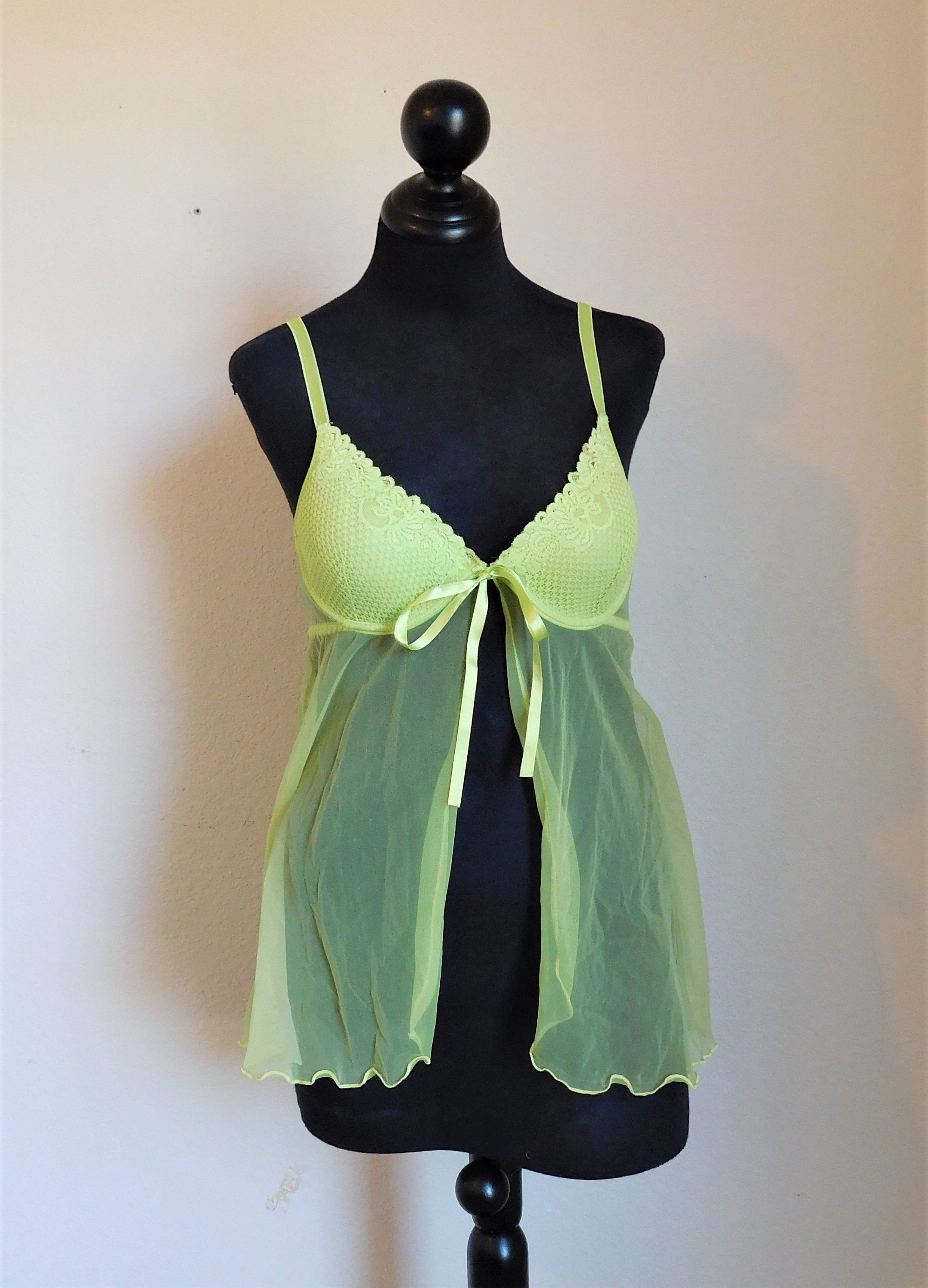 Lime GREEN SHEER Chiffon and Lace BABYDOLL Nightie Top Fly Away Baby ...