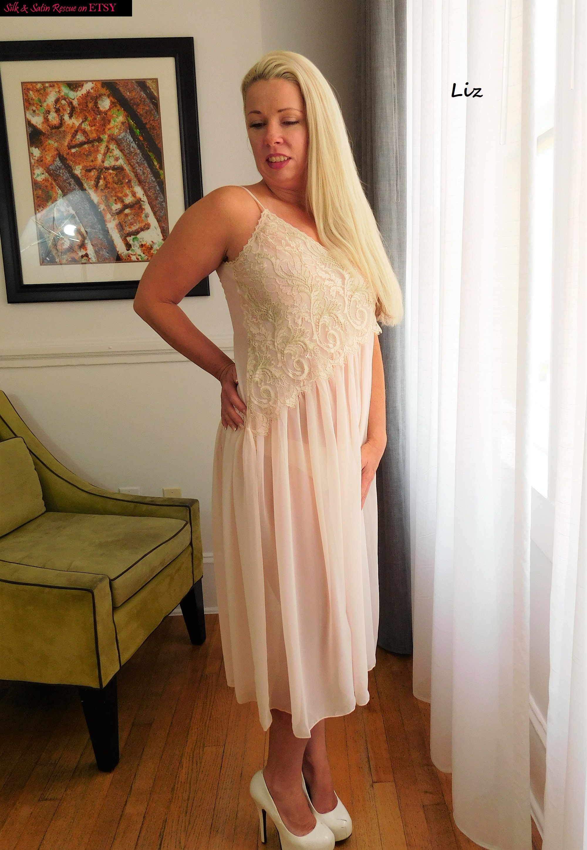 Beautiful SHEER Blush PINK and Lace Long NIGHTGOWN Negligee Nightdress ...