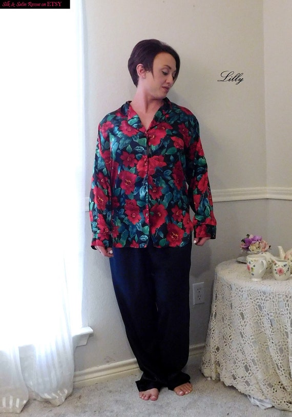 Victorias Secret Black Satin With Tropical Print Paj… Gem