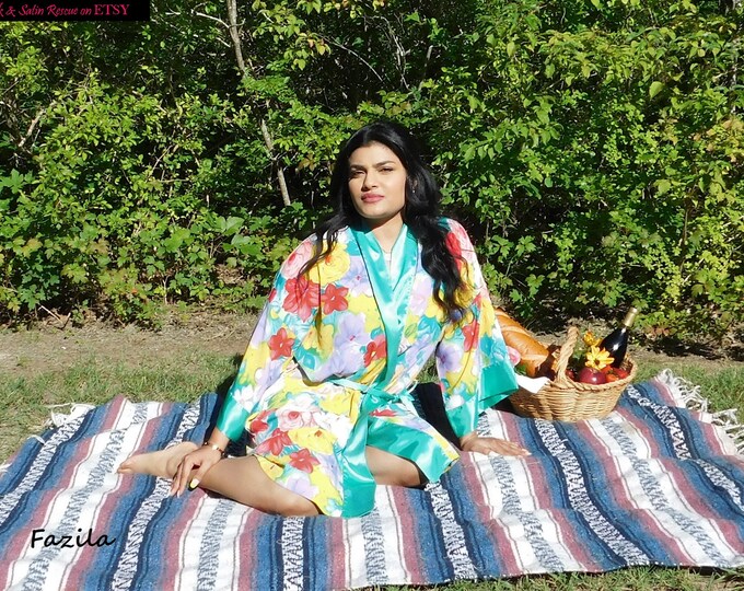 80's Victoria's Secret Short SATIN FLORAL ROBE Dressing Gown Cover up ...