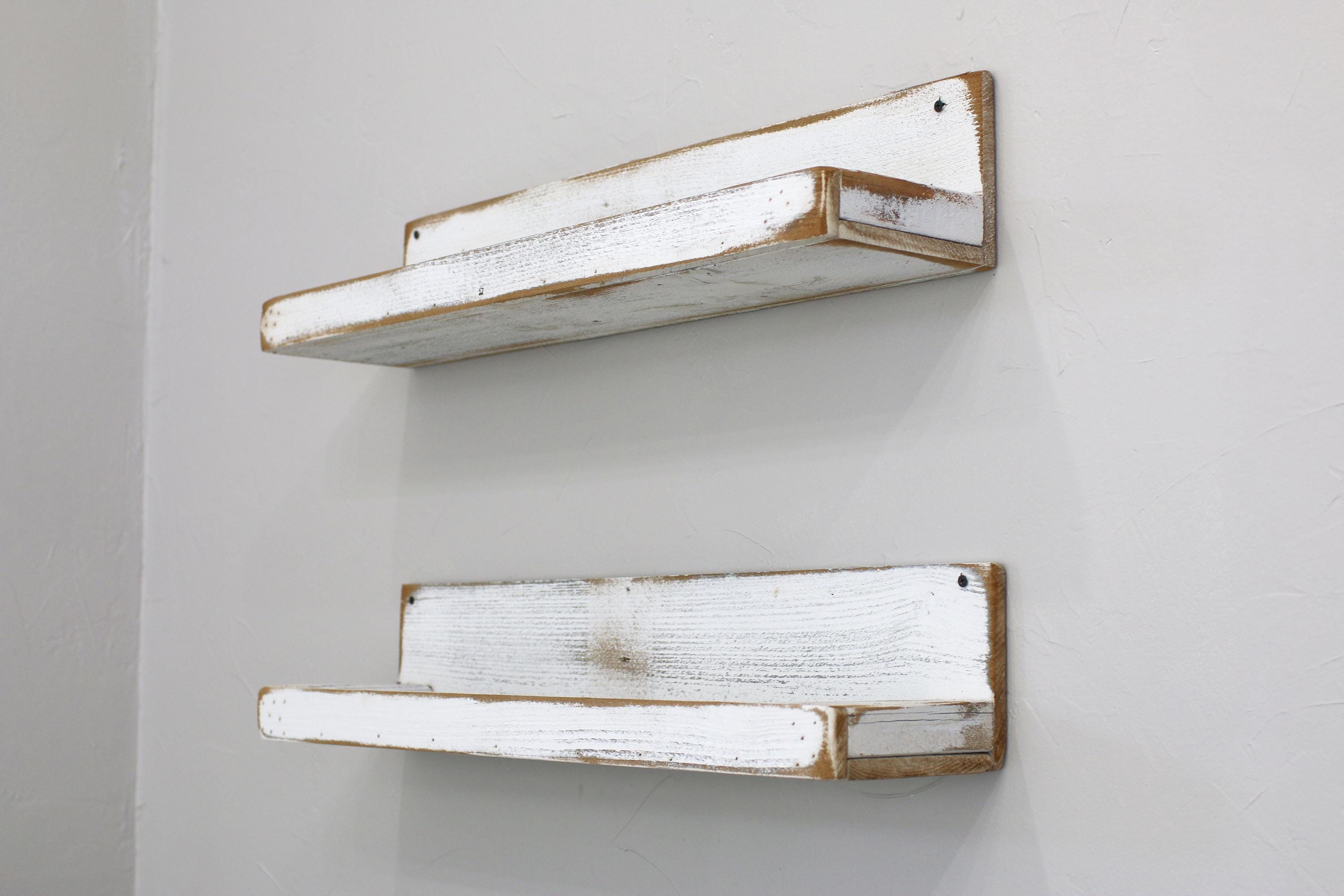 Rustic Whitewashed Reclaimed Wood Wall Shelf Set – 30” Floating Picture ...