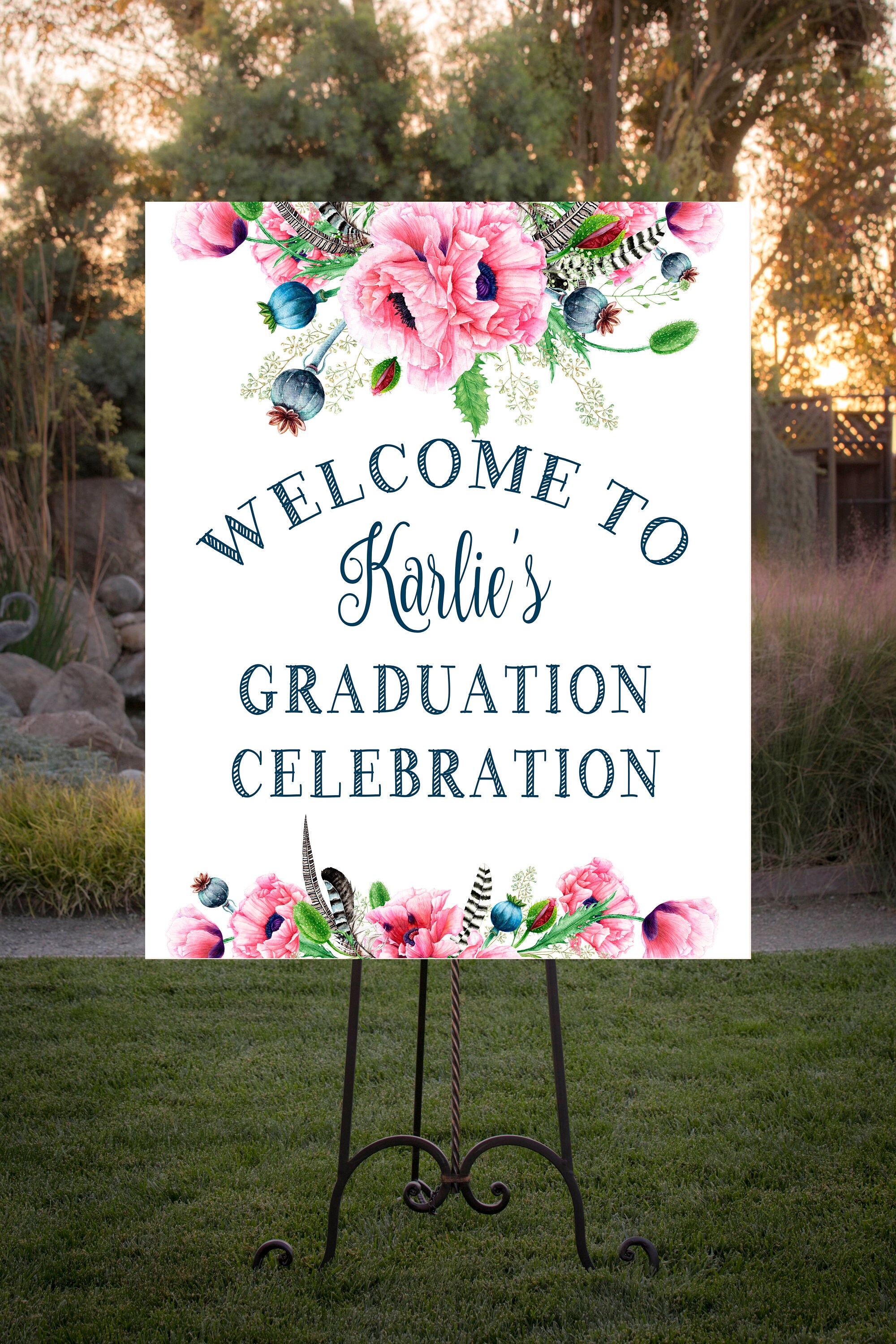 Graduation Party Welcome Pink Poppies With Navy Grad Party | Etsy