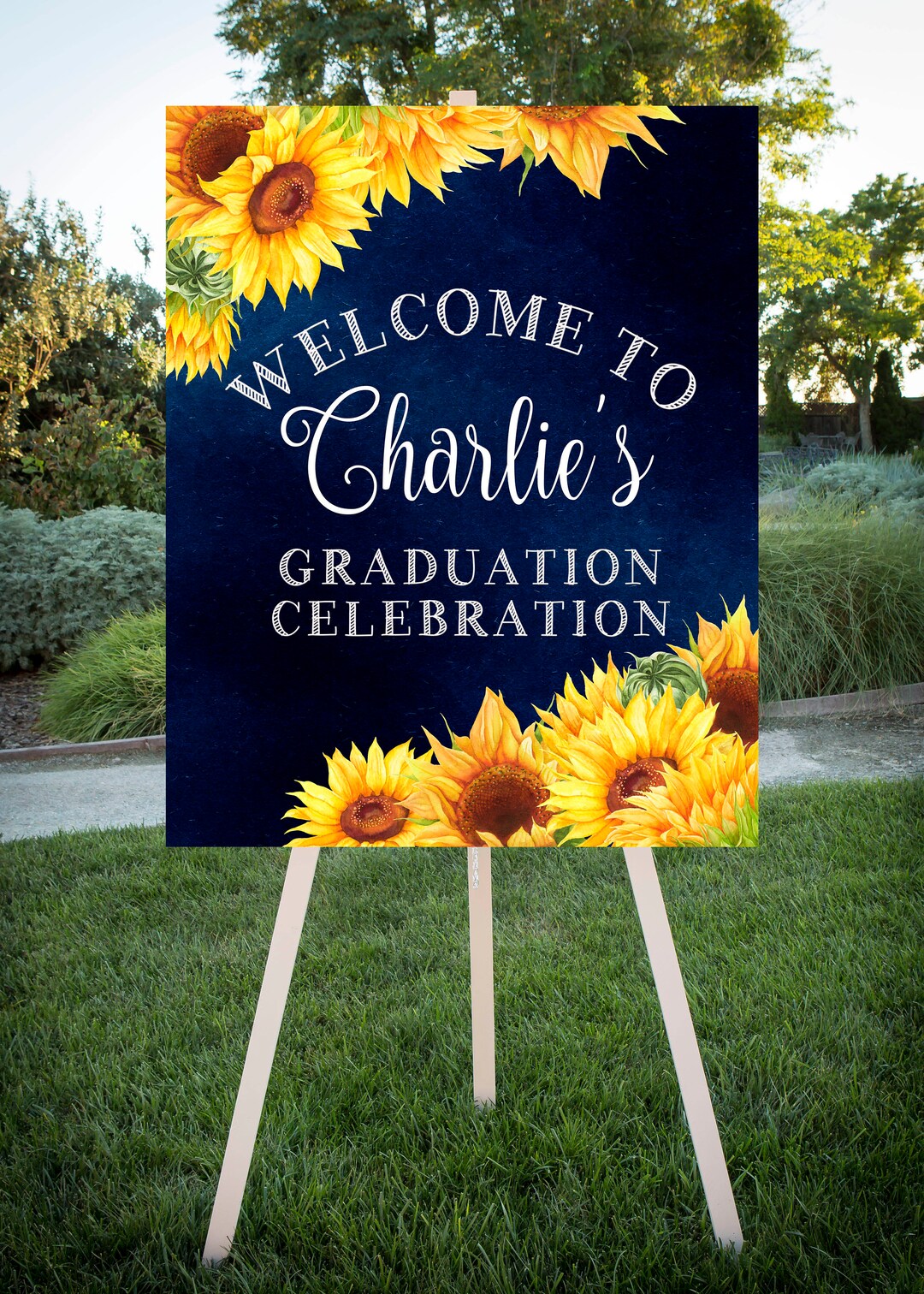 Graduation Party Welcome, Sunflower Theme, Sunflowers on Navy, Grad ...