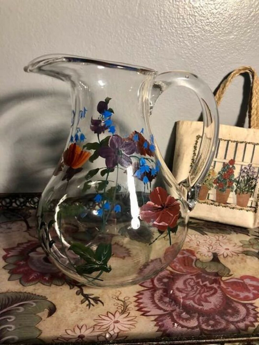 Oneida Glass Pitcher Hand Painted Floral Hand-blown Art Glass Carafe - Etsy
