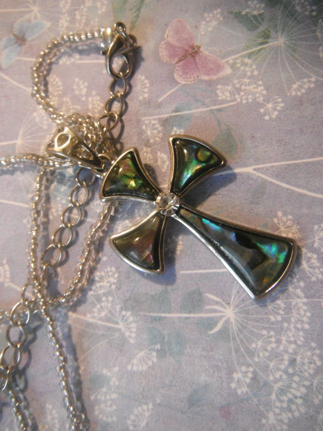 Pretty Crucifix With Faux Abalone Shell Like Finish/rhinestone Center ...