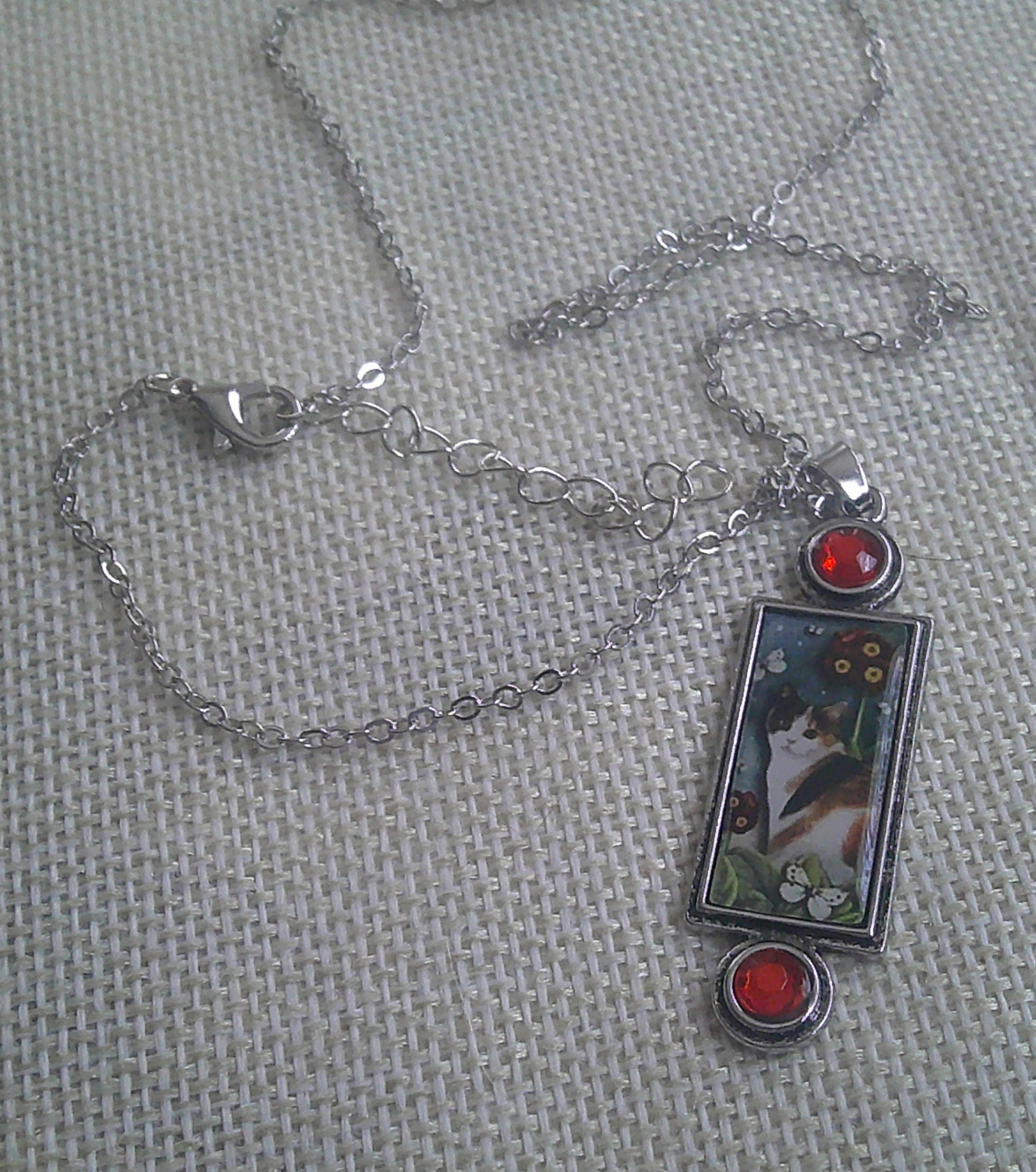 Lovely Painted Tabby Cat Adjustable Necklace/bejeweled in Red Stones W ...