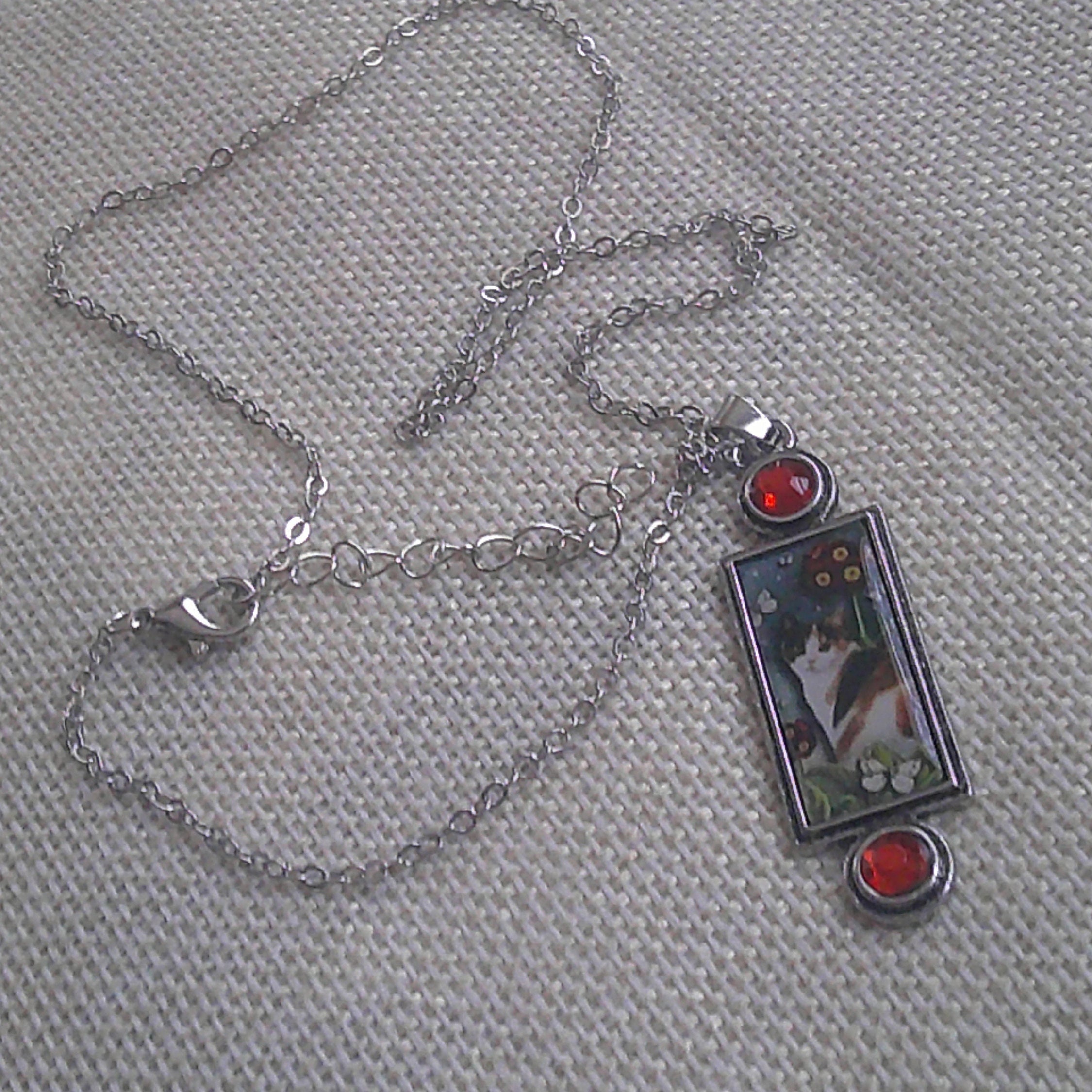 Lovely Painted Tabby Cat Adjustable Necklace/bejeweled in Red Stones W ...