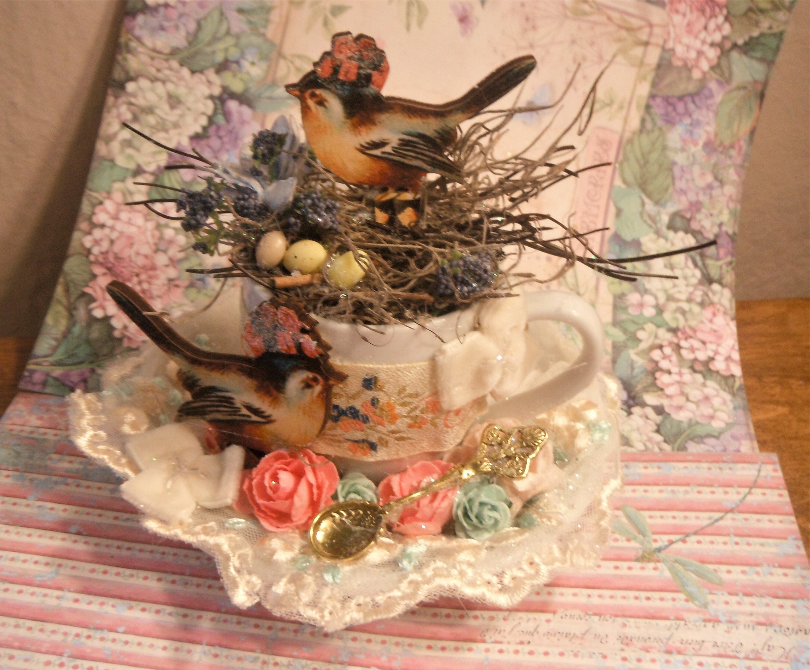 Two Spring Birds Nesting in a Teacup Accent Piece Decor/birthday ...