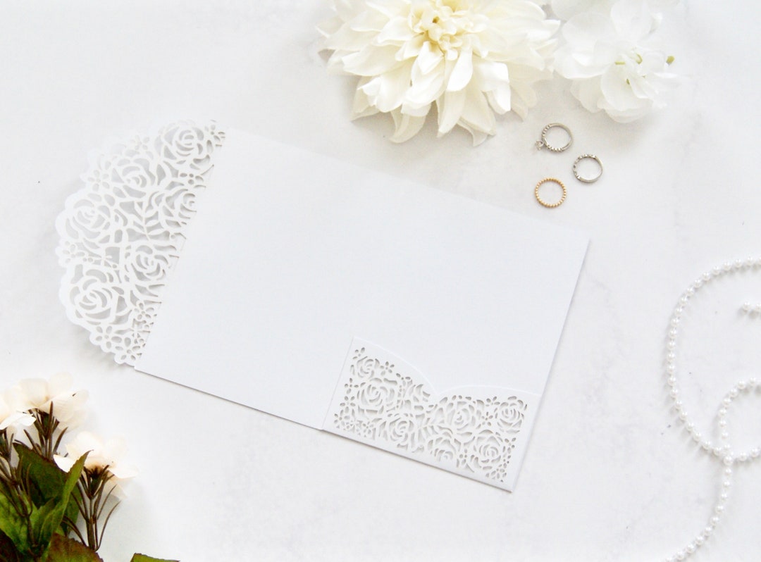 Ivory Shimmer Lace - Tri Fold Pocketfold Laser Cut Folder - Wedding ...