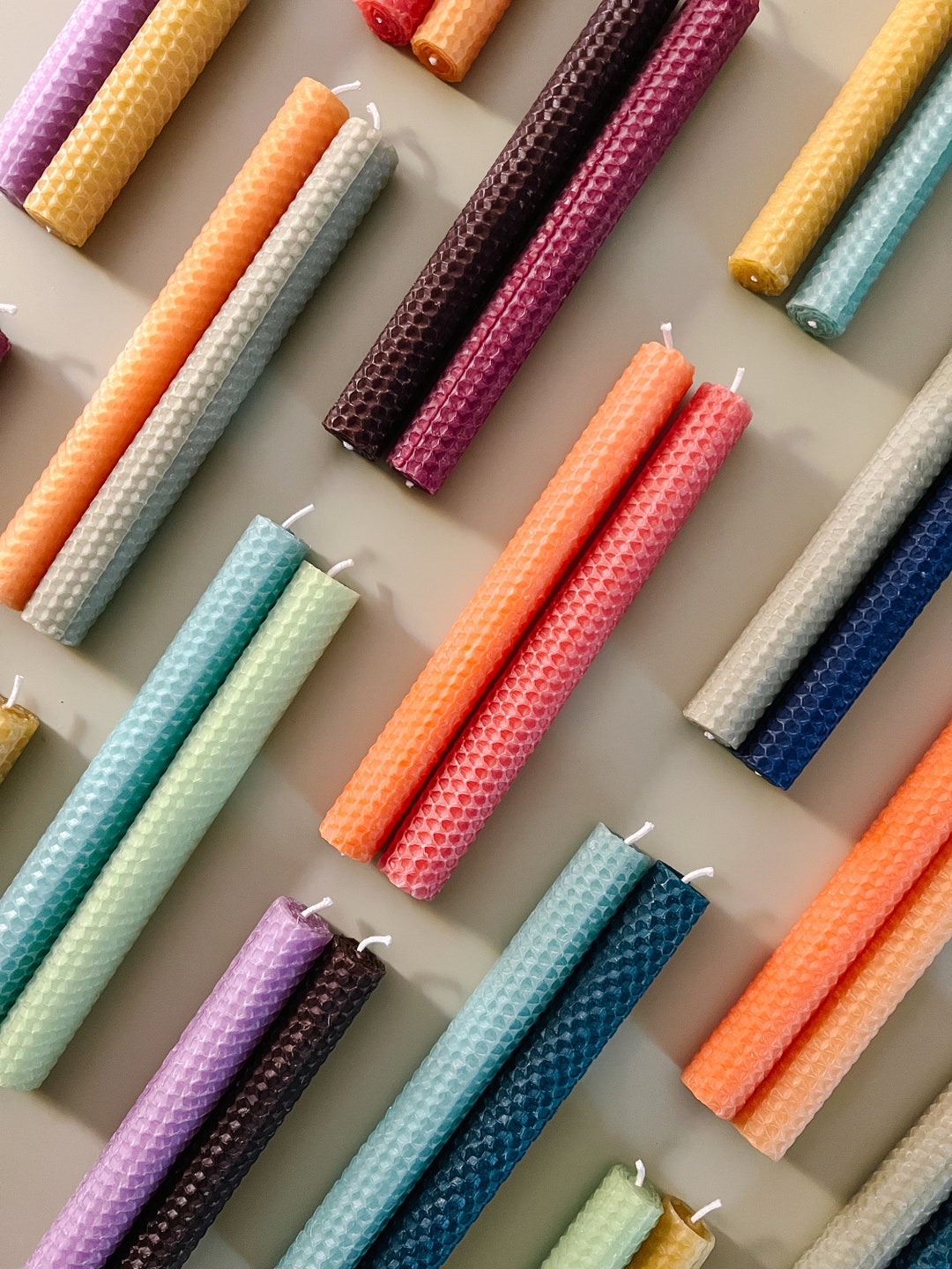 Hand-rolled Beeswax Taper Candles | Set of 2 Mixed Colors | 8-inch Non ...