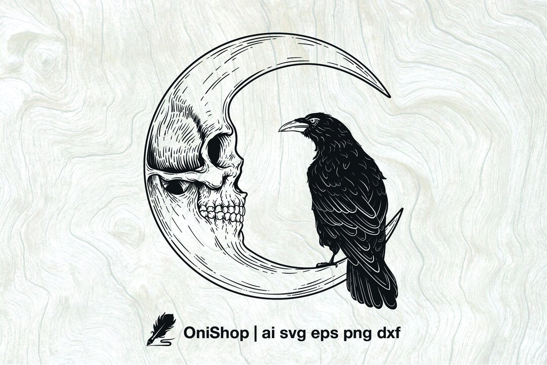 Moon With Crow SVG, Halloween Wall Decor, Gotic Bird, Raven Engraving ...