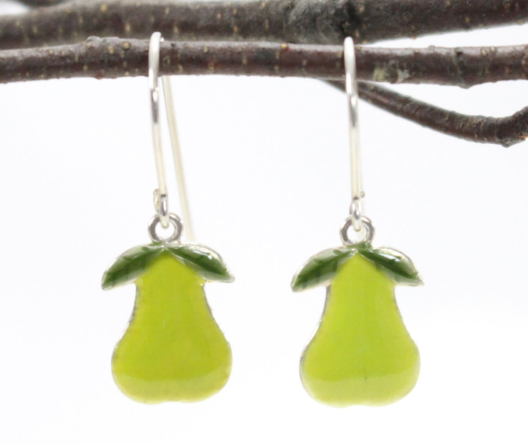 Pear Sterling Silver Dangle Drop Earrings. Hand Enameled Yellow Green ...