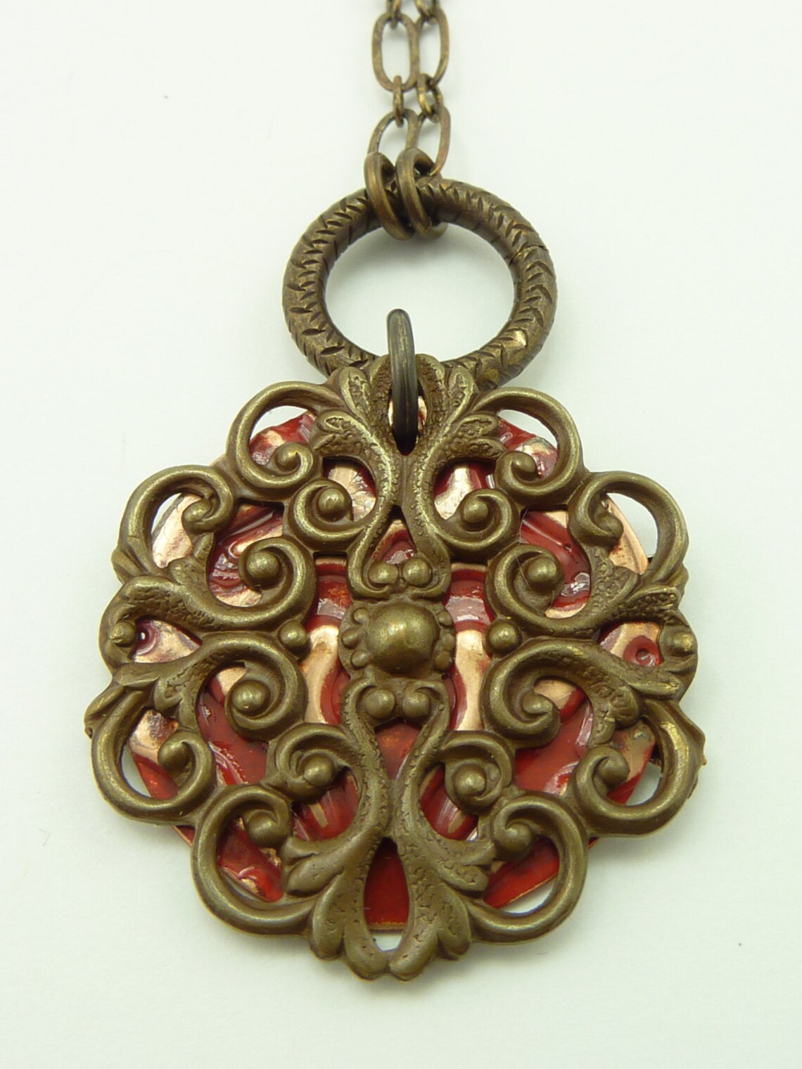 Lily Damask Copper Pendant Scrolled Ironwork Filigree Fine Oval Chain ...