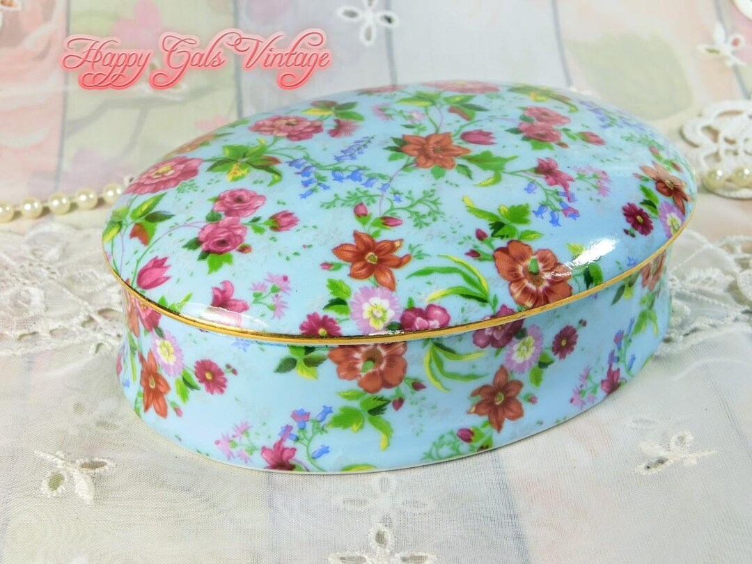 Ceramic Trinket Box With Blue & Pink Chintz Flower Design, Pretty ...