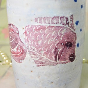Ceramic Cup With Fish Prints, Hand Made Ceramic Cup in Gray With Pink ...