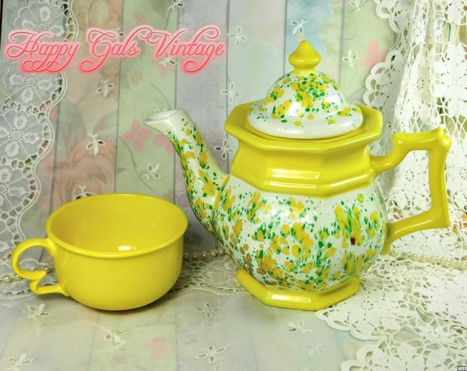 Yellow Teapot and Tea Cup in White & Yellow Ceramic, Yellow, White and ...