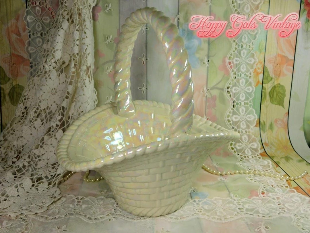 Lusterware Basket, Painted Metal Basket, Vintage White Easter Basket ...