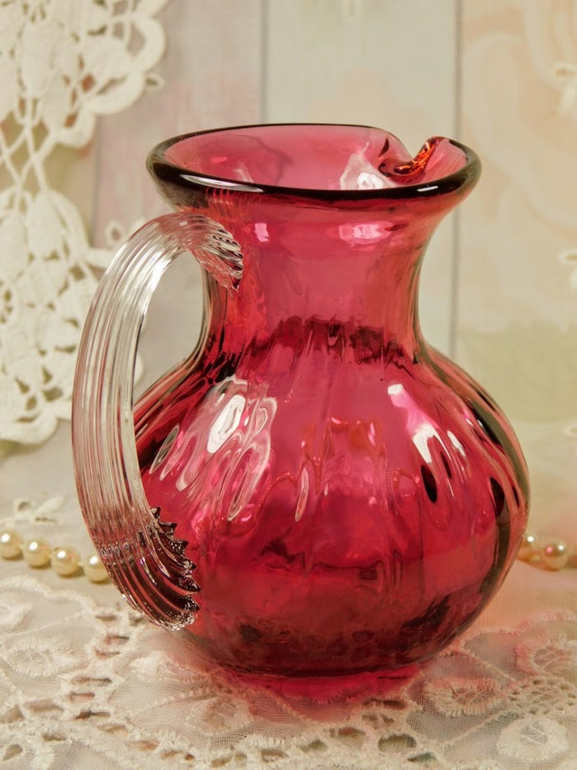 Little Pink Pitcher Small Pink Glass Pitcher Little Blown | Etsy