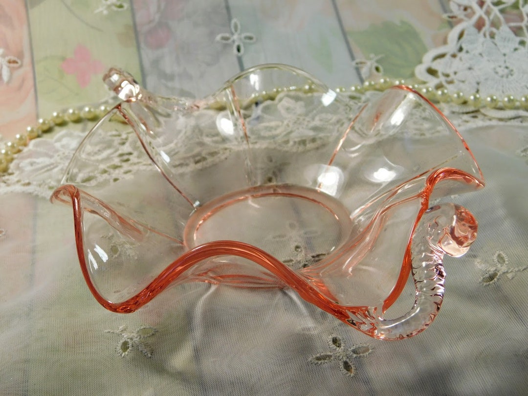 Pink Crystal Bowl, Vintage Pink Glass Bowl With Ruffle Rim and Gold ...
