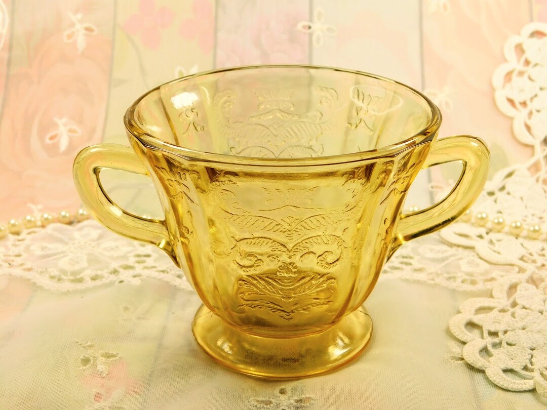 Yellow Depression Glass Sugar Bowl, Vintage Yellow Pressed Glass Sugar ...