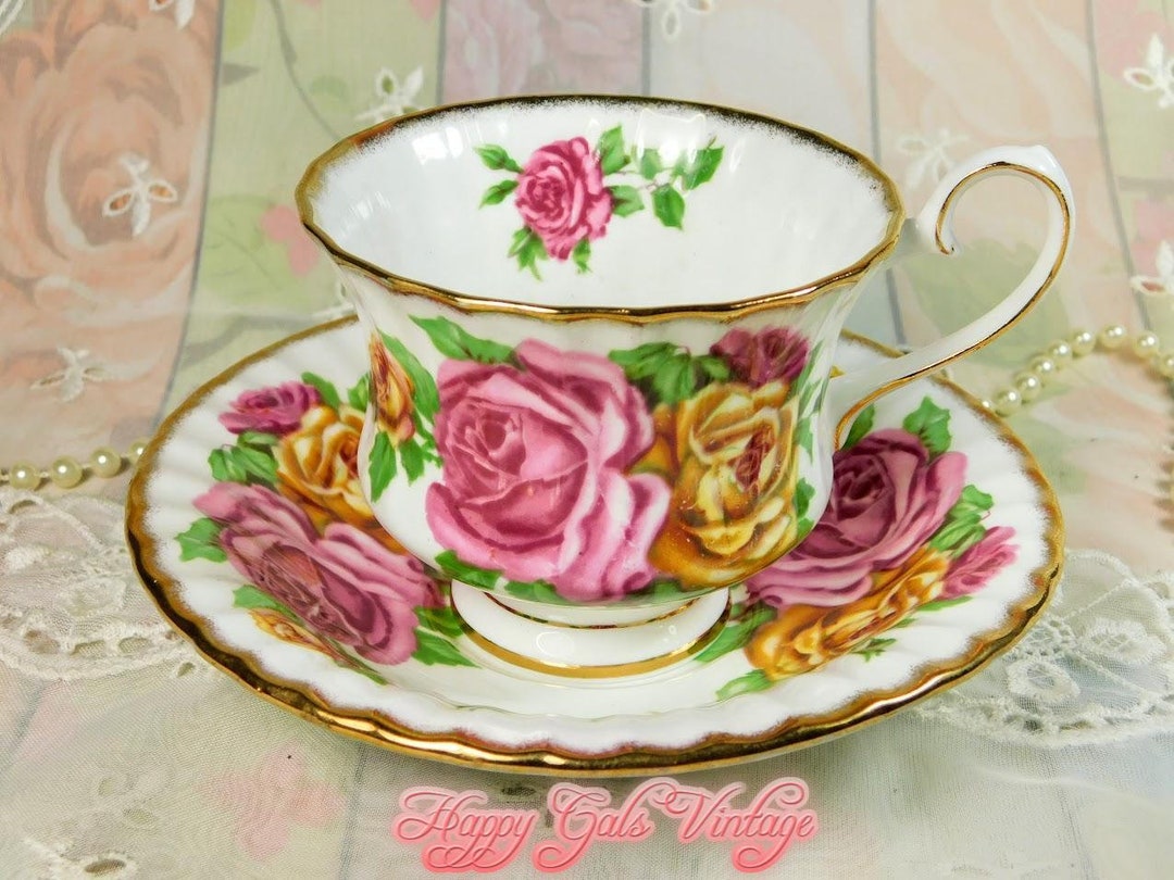 Tea Roses Teacup & Matching Saucer by Grosvenor Bone China, Vintage ...