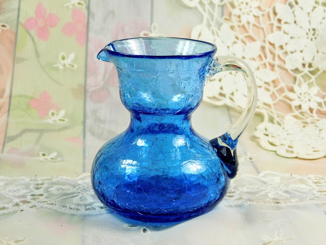 Blue Crackle Glass Pitcher, Vintage Blue Blown Glass Crackle Glass ...