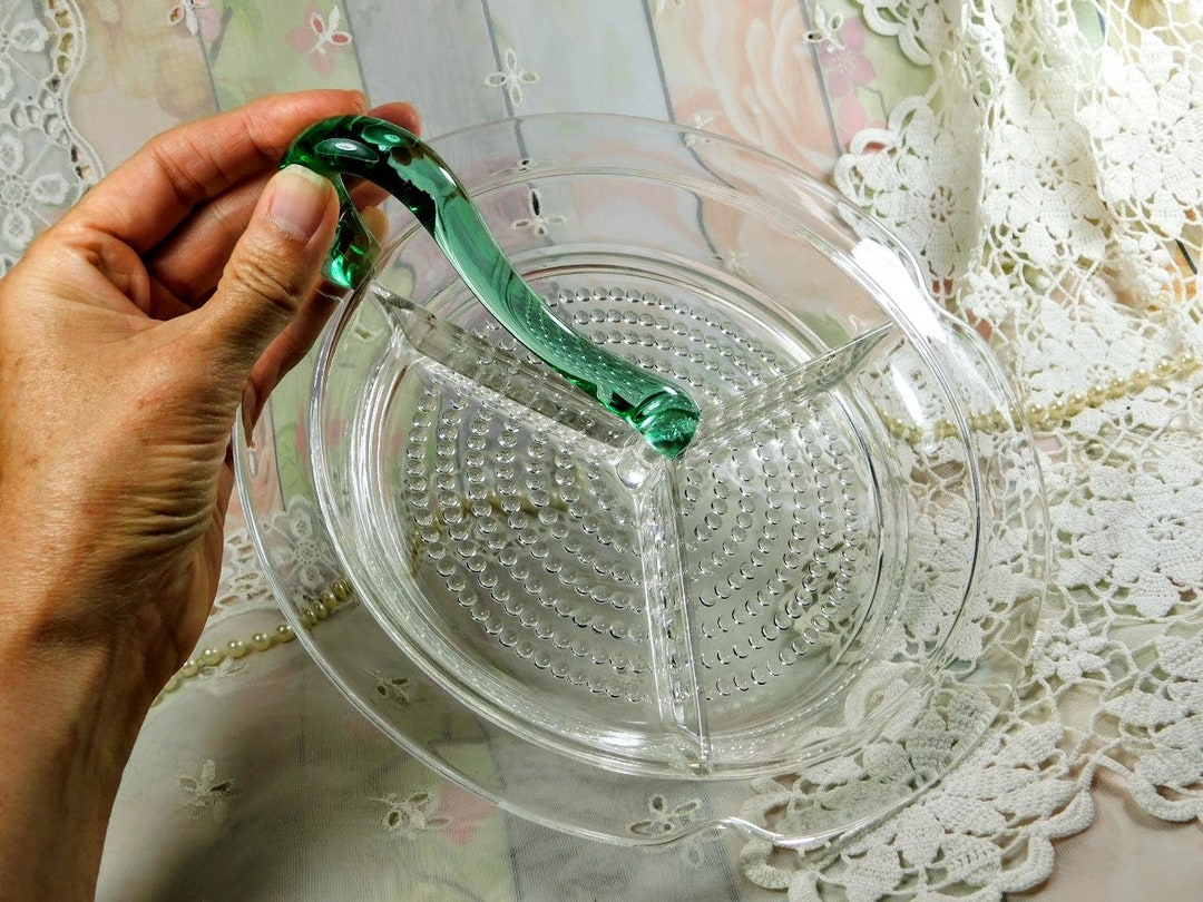 Round Glass Dish With Divided Sections and a Green Blown Glass Handle ...