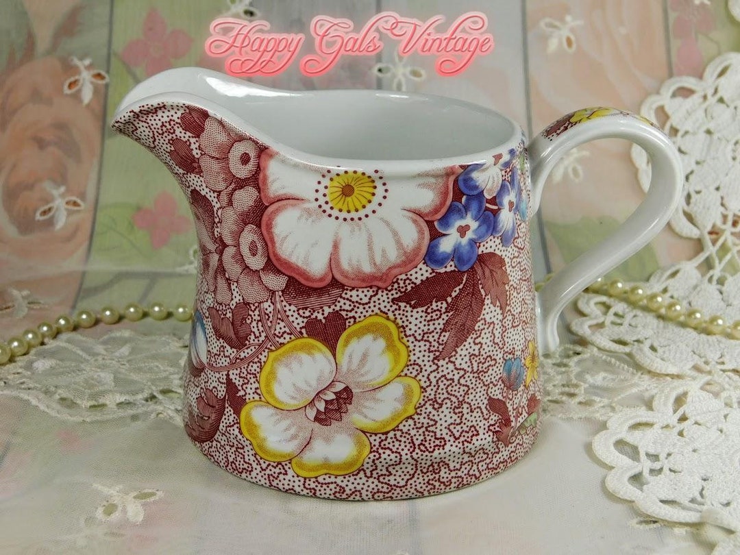 Spode Creamer With Burgundy and Pink Flower Design, Large Vintage ...