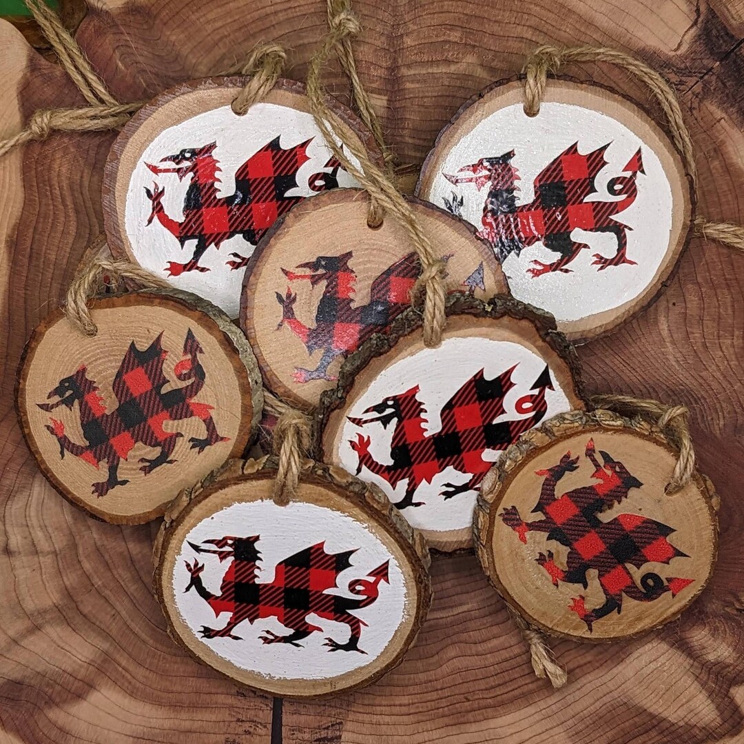 Lot of 10 Welsh Dragon Wood Slice Ornaments, Hand Made, Rustic ...