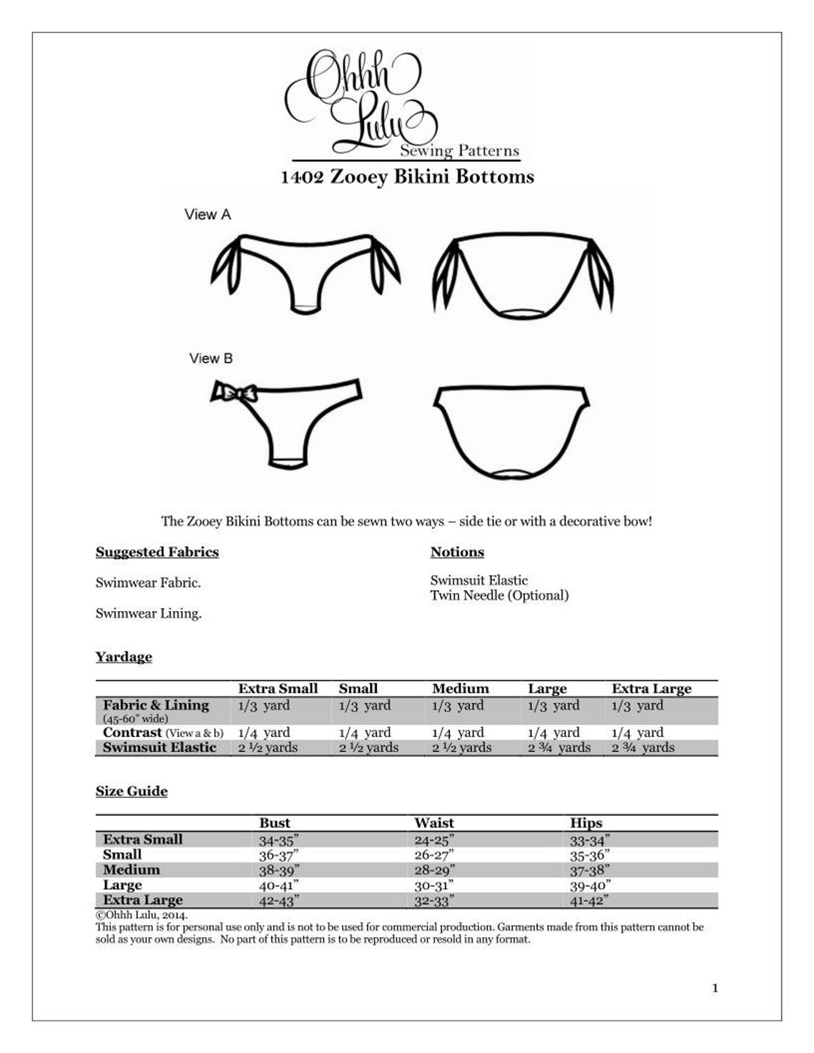 Zooey Bikini Bottoms Sewing Pattern Ohhh Lulu 1402 Side-tie or Bow ...