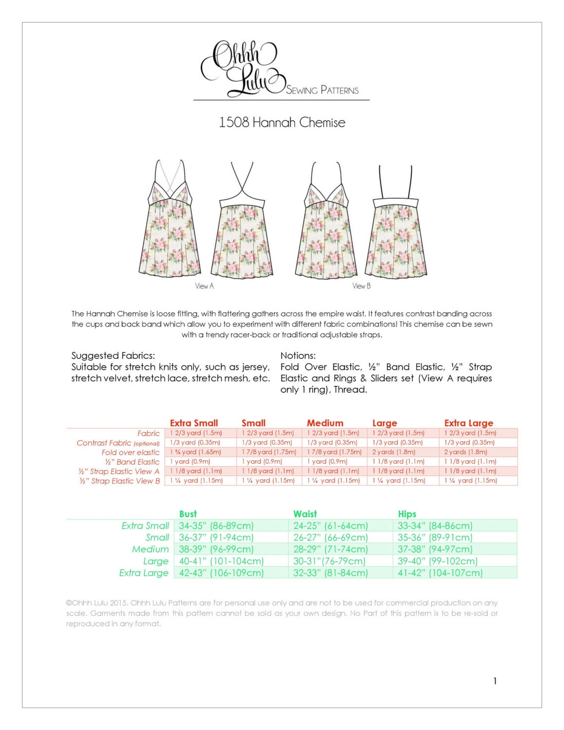 Chemise Sewing Pattern Lingerie Sleepwear Ohhh Lulu 1508 Hannah Chemise ...