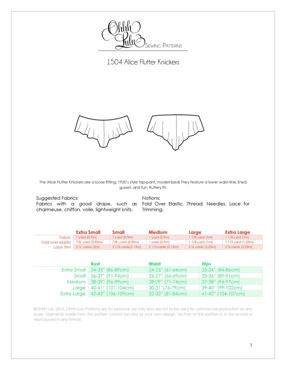 Vintage Style Tap Pant Lingerie Sewing Pattern Ohhh Lulu 1504 Alice ...