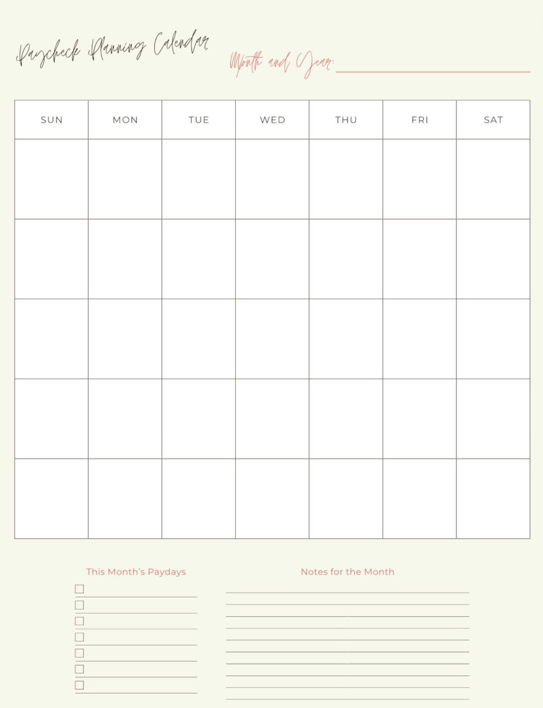 Printable *undated* Pay Check Planning Calendar - Etsy