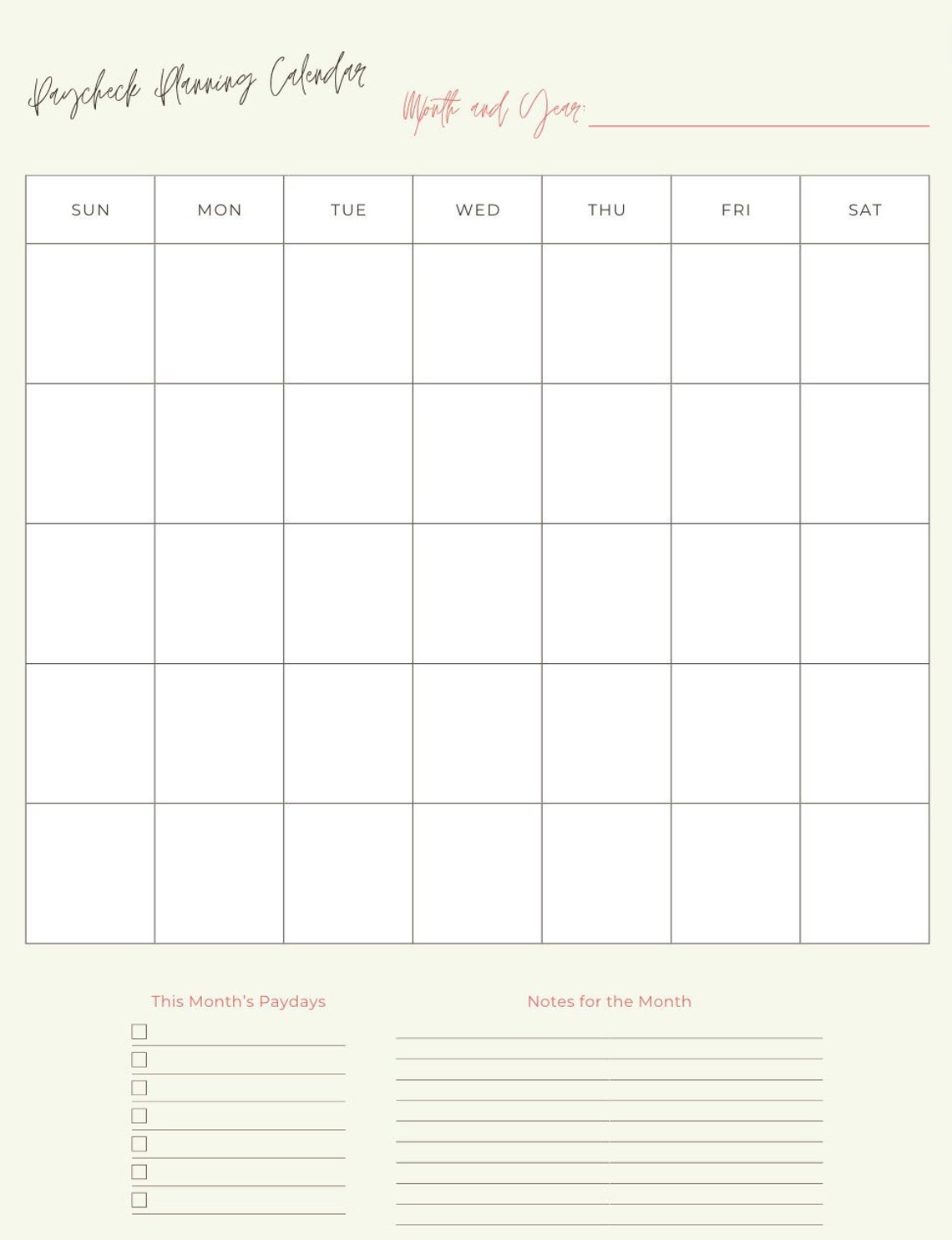 Printable undated Pay Check Planning Calendar - Etsy