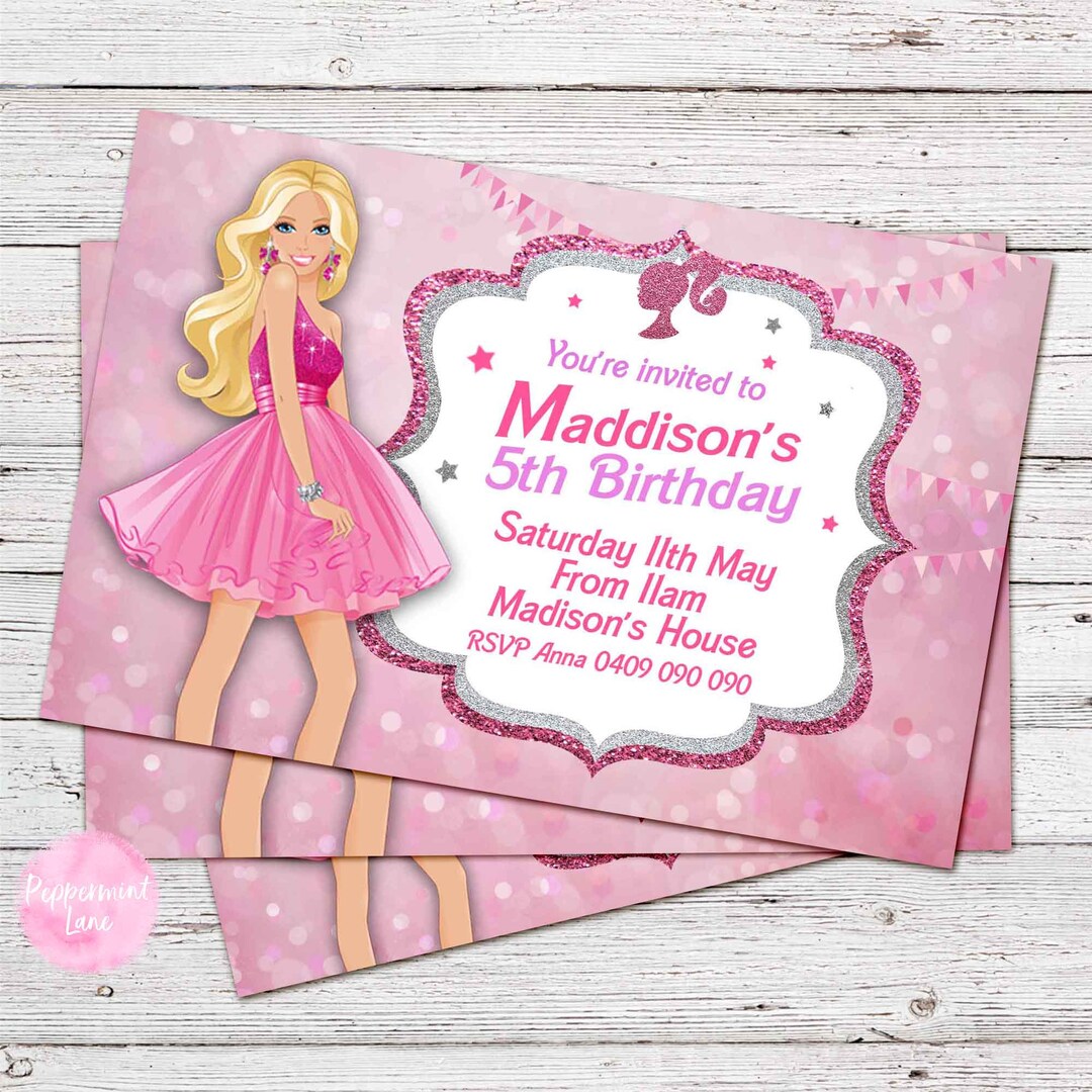 Personalised PRINTED BARBIE Birthday Party Invitation, Invitation, Emma ...