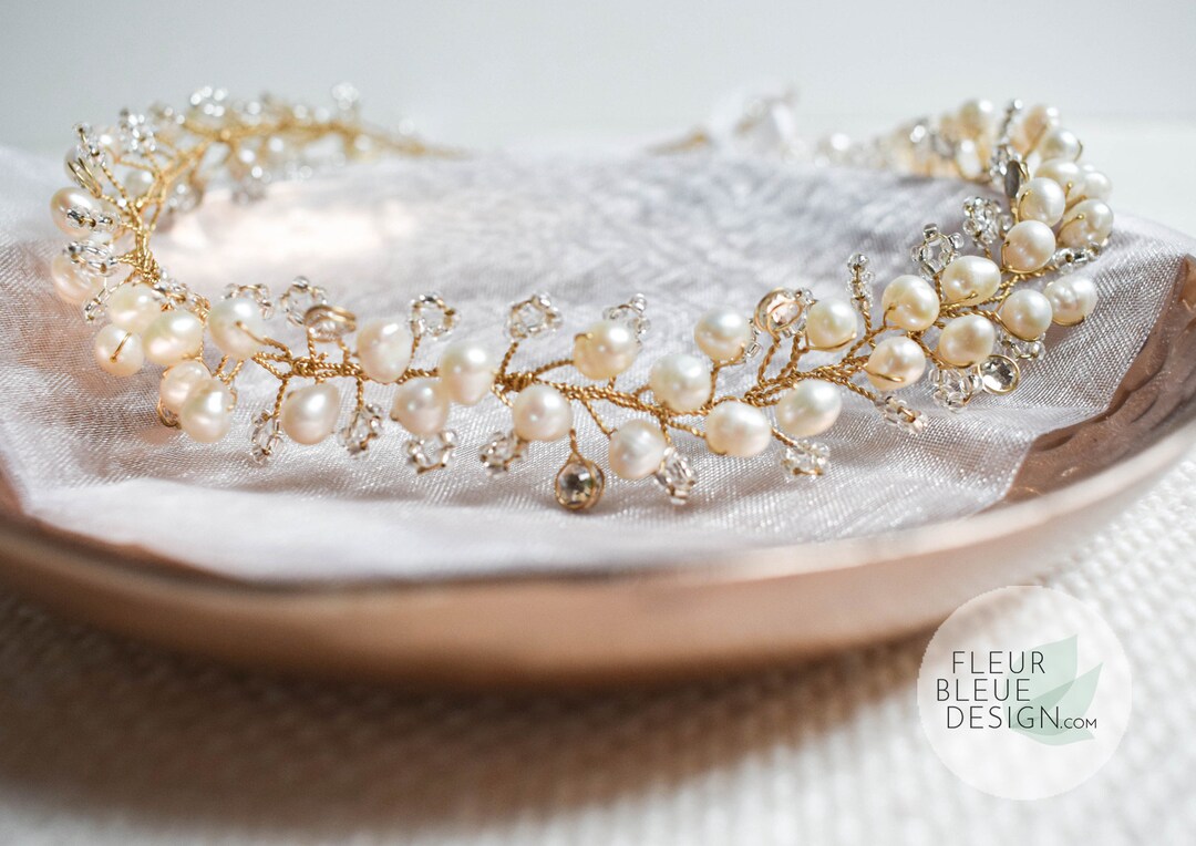 Luxurious Golden Wedding Headpiece With Real Pearls and - Etsy UK