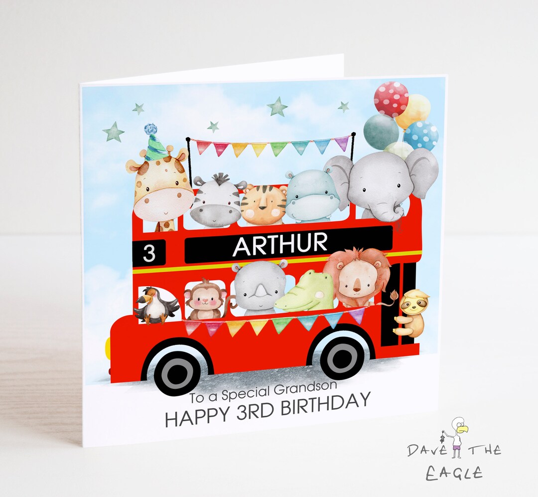 Fun Bus Birthday Card - Personalised - London Bus - Jungle Animals ...