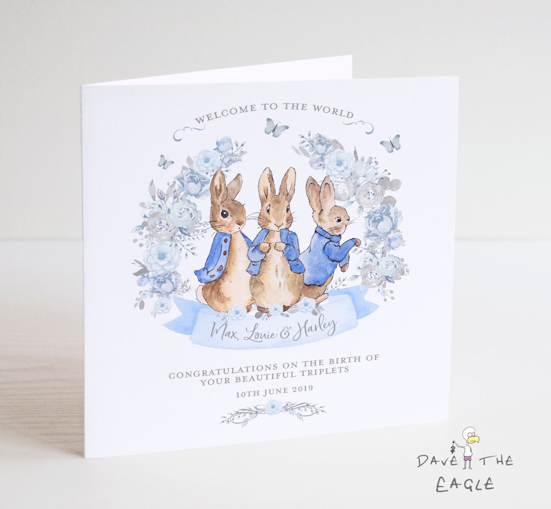 Triplets New Baby Card - Boys Personalised Bunny Rabbit Design - Etsy