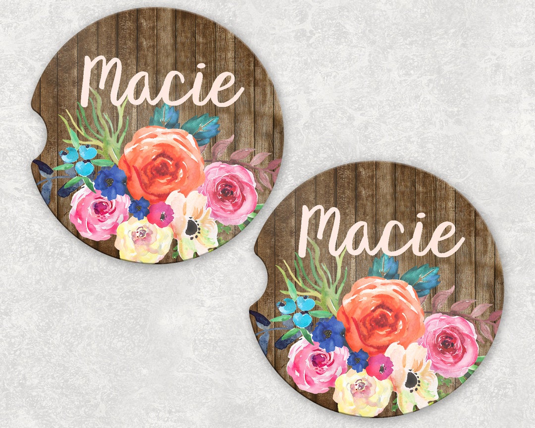 Monogram Floral Car Coaster~personalized Sandstone Car Coaster~set of 2 ...
