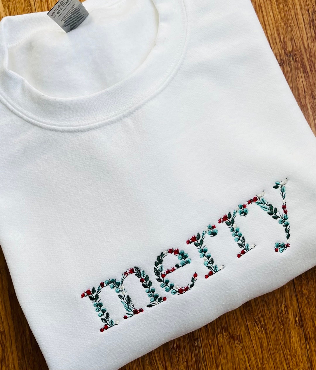 Embroidered Merry Crewneck Sweatshirt~floral Christmas Sweatshirt - Etsy