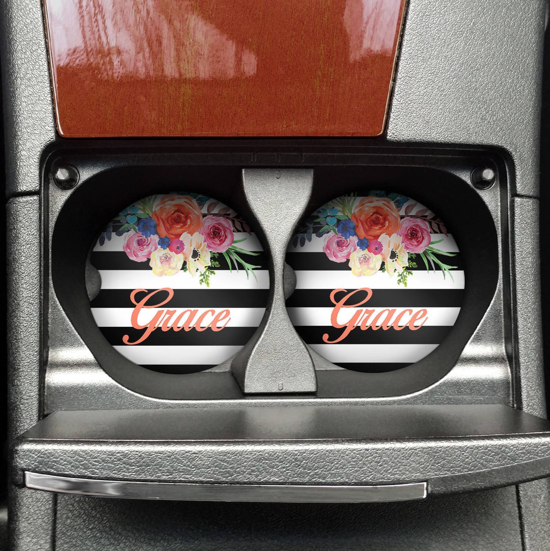 Monogram Car Coaster Floral Personalized Sandstone Car Coaster Set of 2 ...