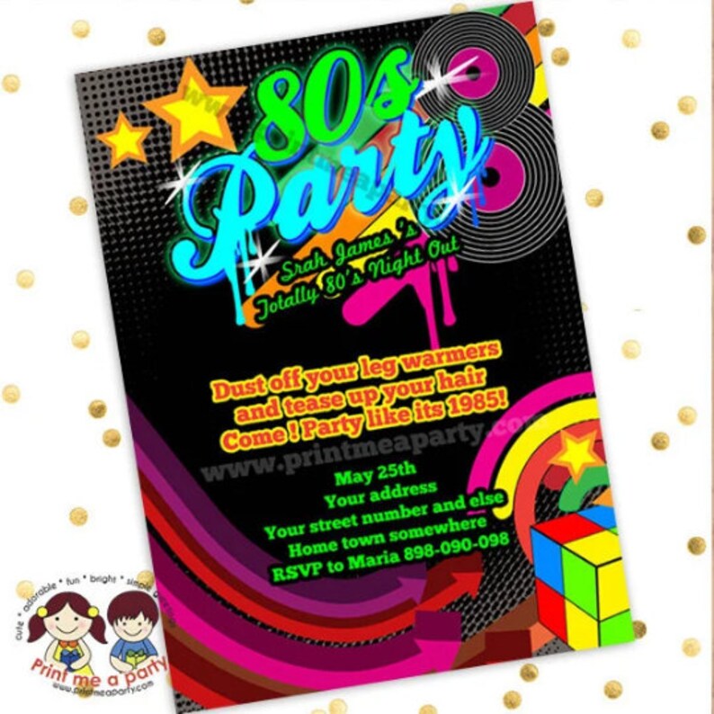 80s Theme Birthday Party, Printable 80s Theme Invitations, Neon Party ...