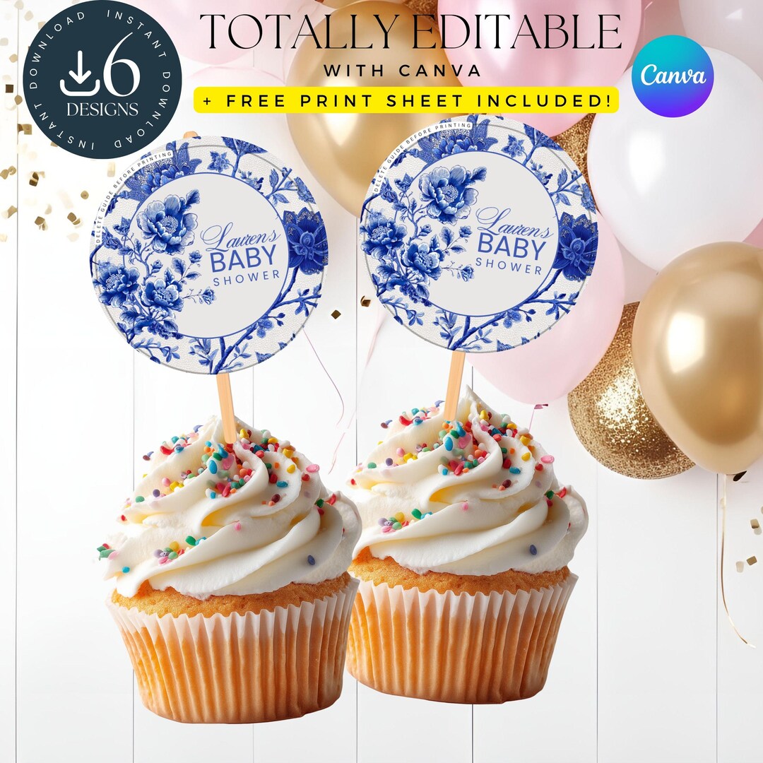 Toile Baby Shower Cake Toppers Editable Printable Party Decoration Blue ...